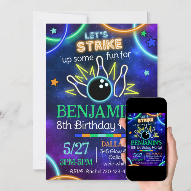 Glow Bowling Invitation, Glow Bowling Birthday Inv Invitation | Zazzle