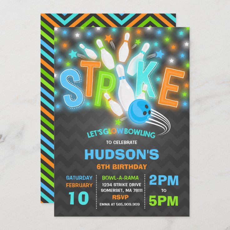 Glow Bowling Invitation Neon Glow Bowling Party | Zazzle