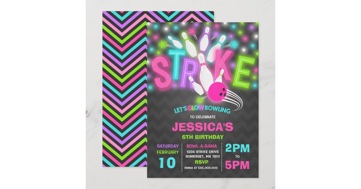 Glow Bowling Invitation Neon Glow Bowling Party | Zazzle