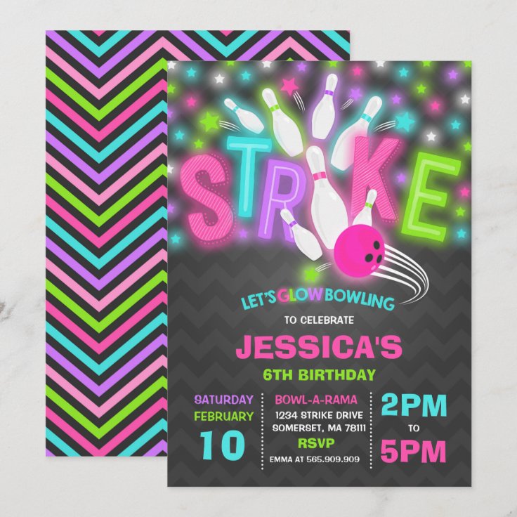 Glow Bowling Invitation Neon Glow Bowling Party | Zazzle