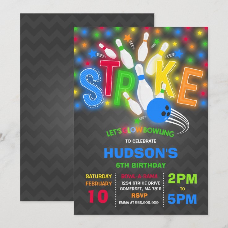 Glow Bowling Invitation Neon Glow Bowling Party | Zazzle