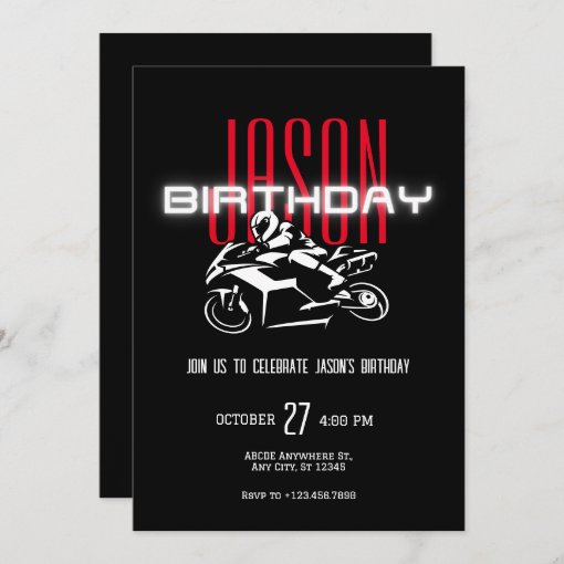 Glow dark birthday motorcycle invitation | Zazzle