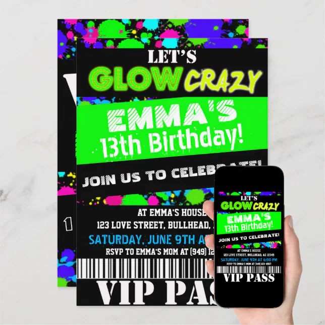 Glow in the Dark Neon Party VIP Pass Birthday Invitation | Zazzle
