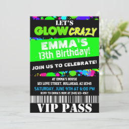 Glow in the Dark Neon Party VIP Pass Birthday Invitation | Zazzle