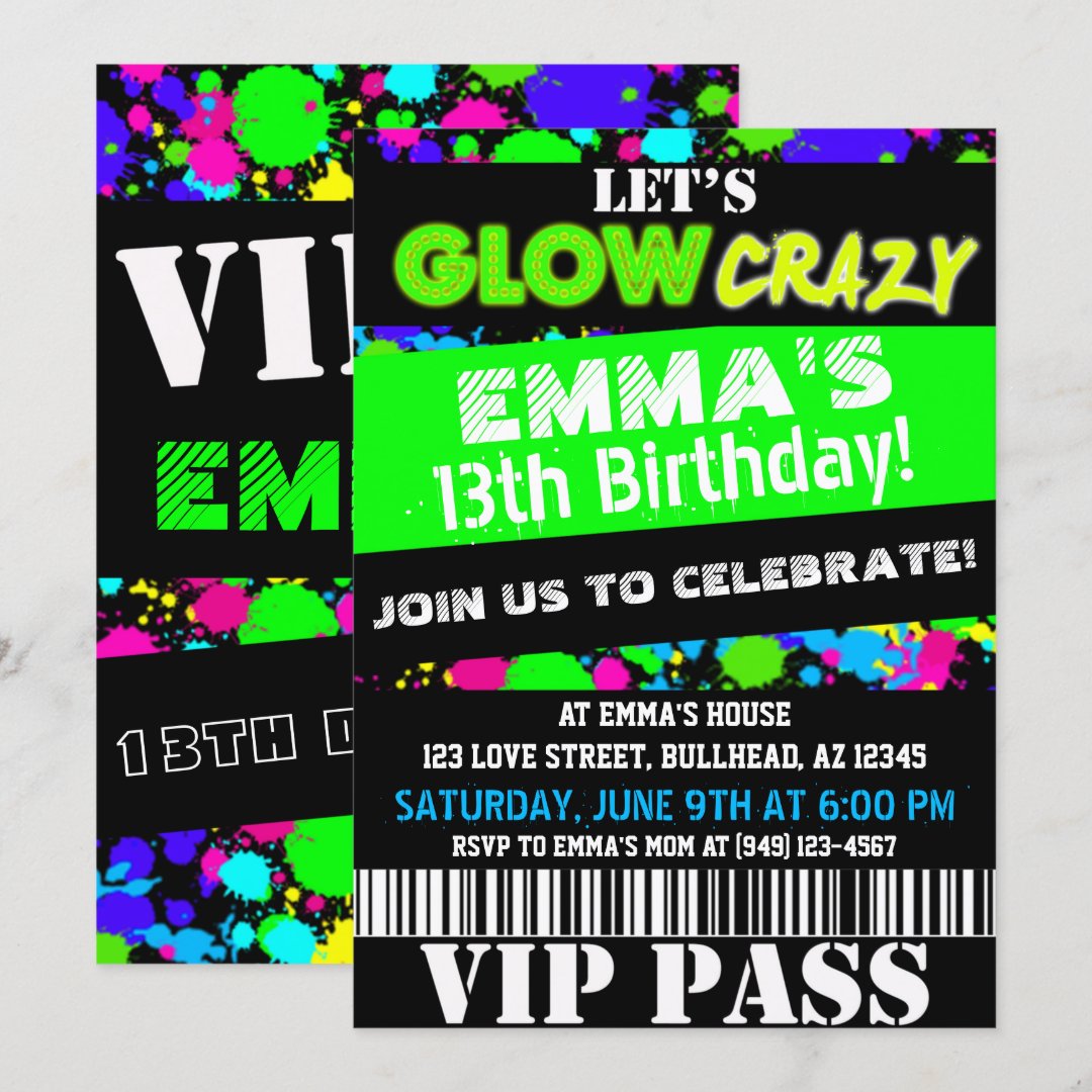 Glow in the Dark Neon Party VIP Pass Birthday Invitation | Zazzle