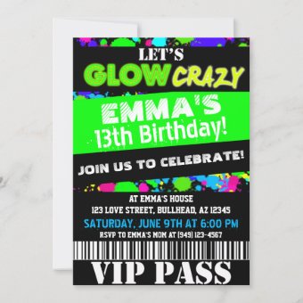 Glow in the Dark Neon Party VIP Pass Birthday Invitation | Zazzle