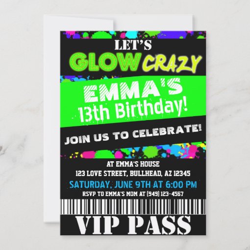 Glow in the Dark Neon Party VIP Pass Birthday Invitation | Zazzle