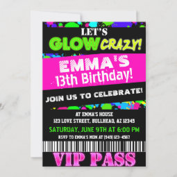 Glow in the Dark Neon Party VIP Pass Birthday Invitation | Zazzle