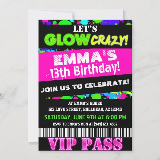 Glow in the Dark Neon Party VIP Pass Birthday Invitation | Zazzle