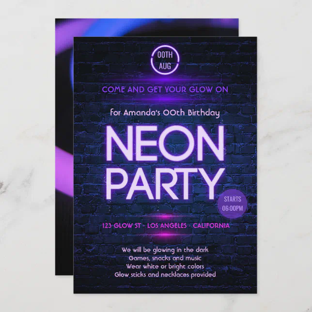 Glow in the Dark Neon themed party invitation | Zazzle