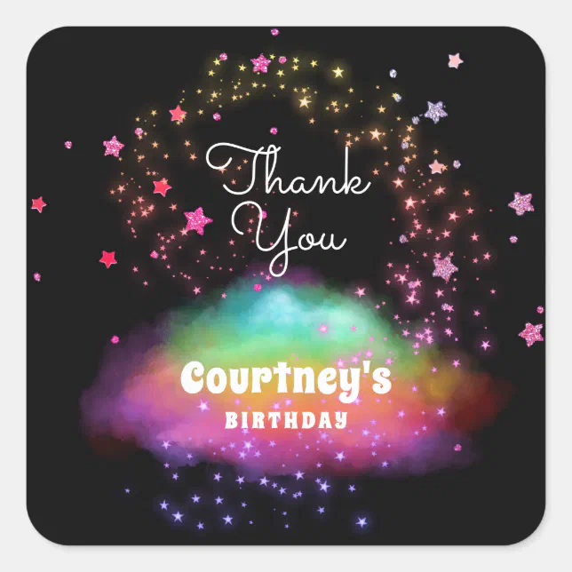 Glow in the Dark Party Glitter Stars Kids Birthday Square Sticker | Zazzle