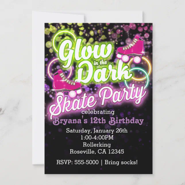 GLOW in the dark SKATE PARTY Birthday Invitation | Zazzle