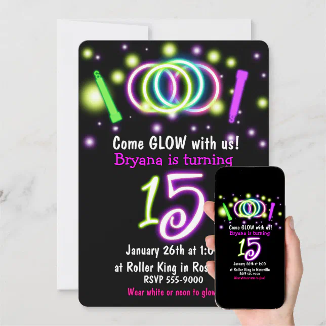 GLOW Lights 15th Birthday Party Age 15 Invitation | Zazzle