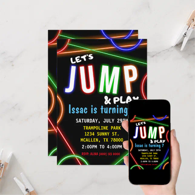 Glow Neon Let's Jump Birthday Party Invitation | Zazzle