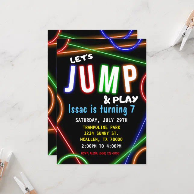 Glow Neon Let's Jump Birthday Party Invitation | Zazzle