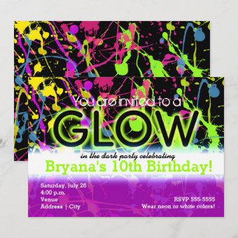 Glow Neon Paint Splatter Birthday Party Invitation | Zazzle