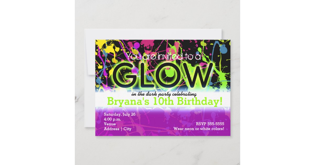 Glow Neon Paint Splatter Birthday Party Invitation | Zazzle