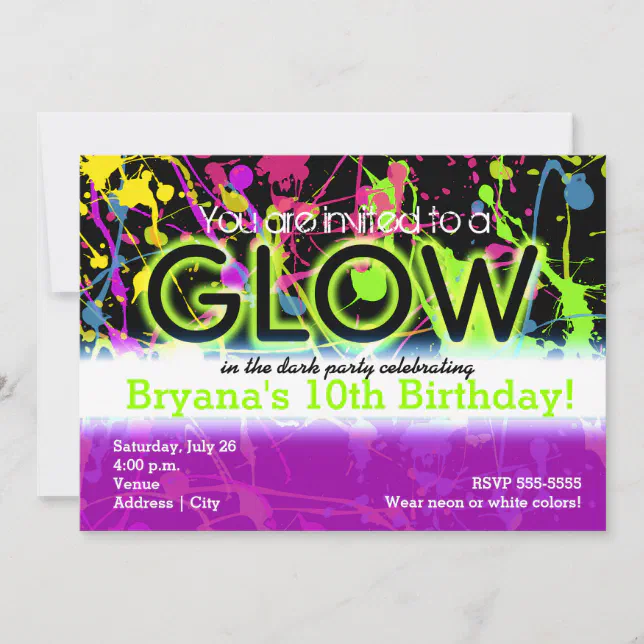 Glow Neon Paint Splatter Birthday Party Invitation | Zazzle
