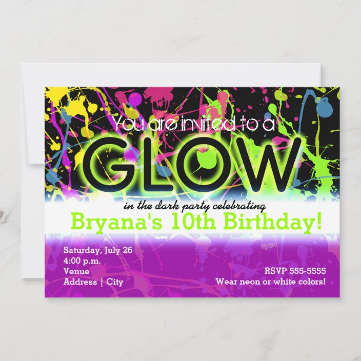 Glow Neon Paint Splatter Birthday Party Invitation | Zazzle.com