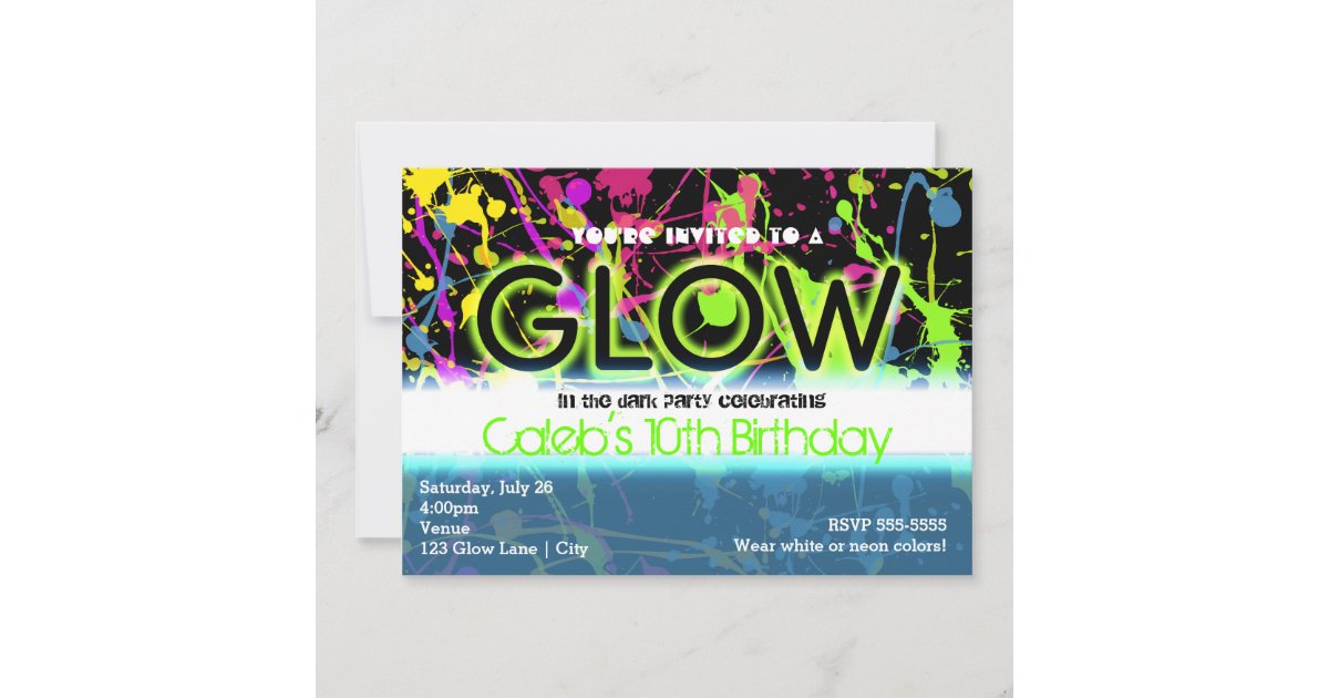 Glow neon paint splatter birthday party invitation | Zazzle