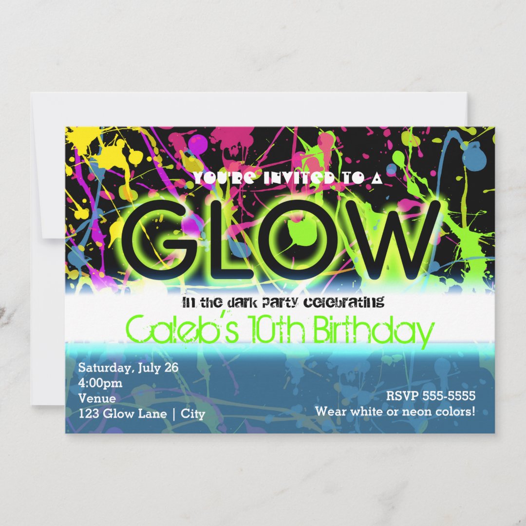 Glow neon paint splatter birthday party invitation | Zazzle