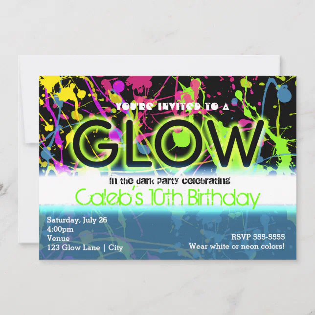 Glow neon paint splatter birthday party invitation | Zazzle