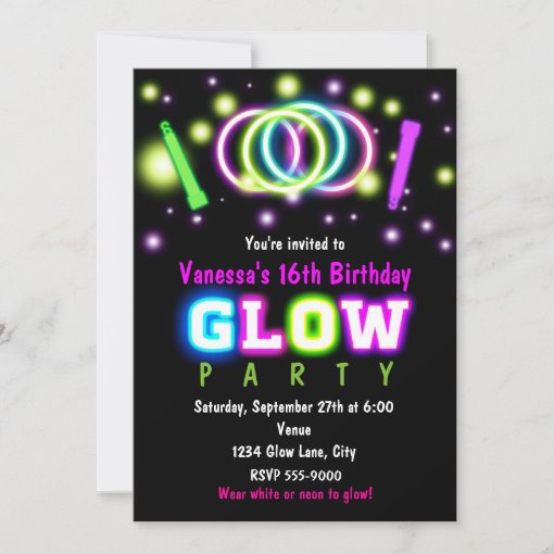 GLOW PARTY Birthday Neon Black Light Invitation | Zazzle