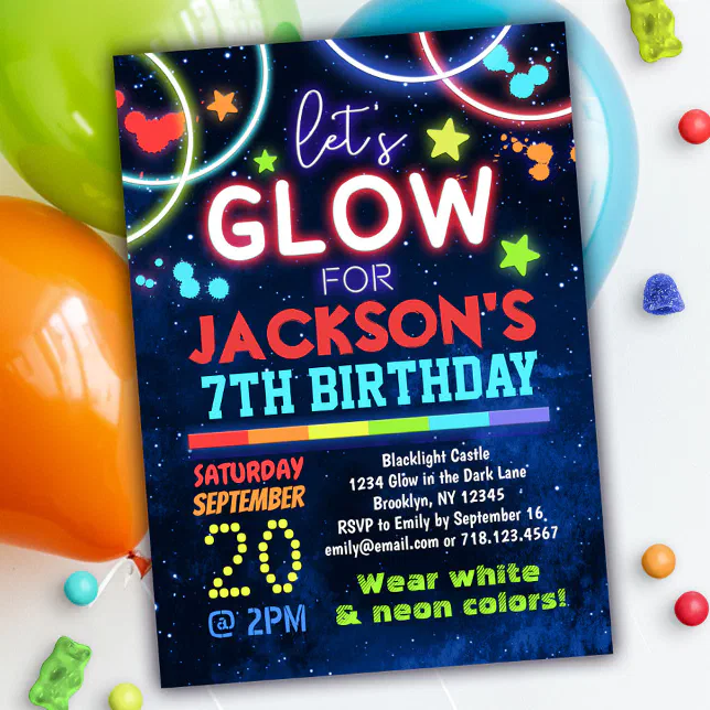 Glow Party Blue Birthday Invitation | Zazzle