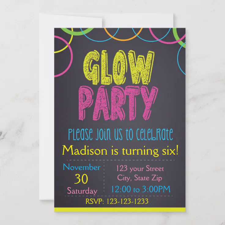 Glow Party Chalkboard Birthday Invitation | Zazzle