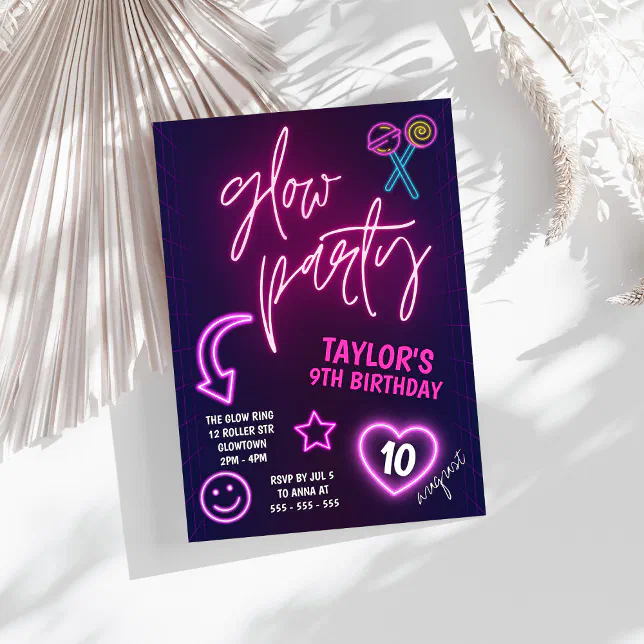 Glow Party Neon Birthday Party Invitation | Zazzle