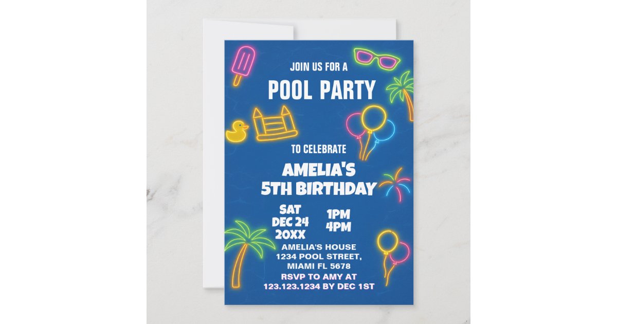 Glow Pool Party Birthday Invitation | Zazzle