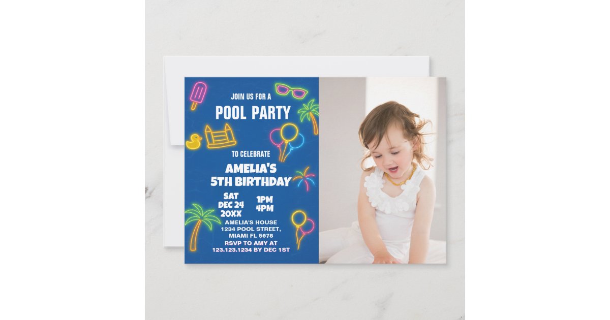 Glow Pool Party Birthday Invitation with photo | Zazzle