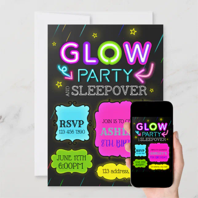 Glow sleepover party invitation | Zazzle