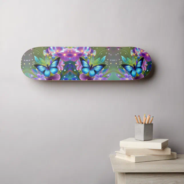 Glowing Blue Butterfly in Fairy Garden Skateboard | Zazzle