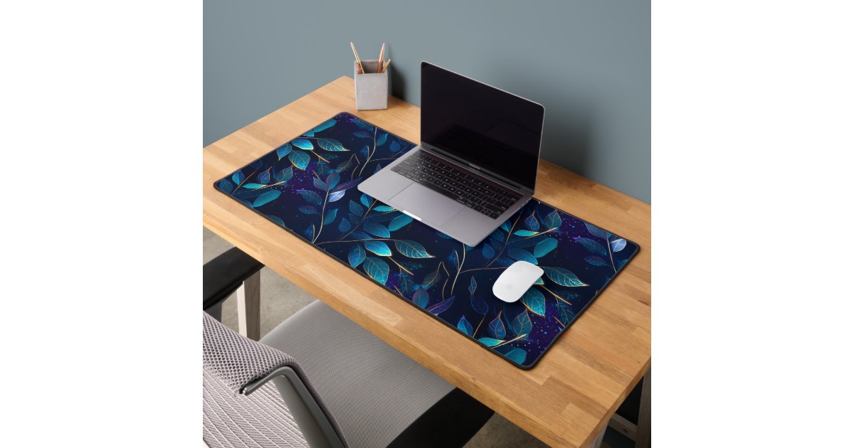 Glowing Blue Leaves Desk Mat | Zazzle