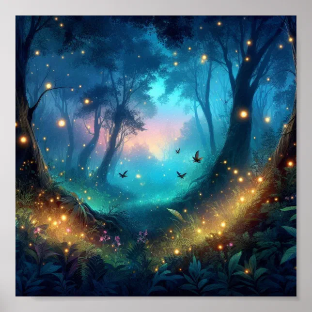 Glowing Fireflies and Magical Forest Poster | Zazzle