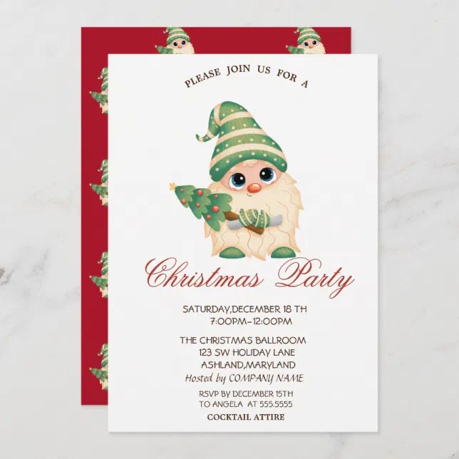Gnome Christmas Tree Red Company Christmas Party Invitation | Zazzle