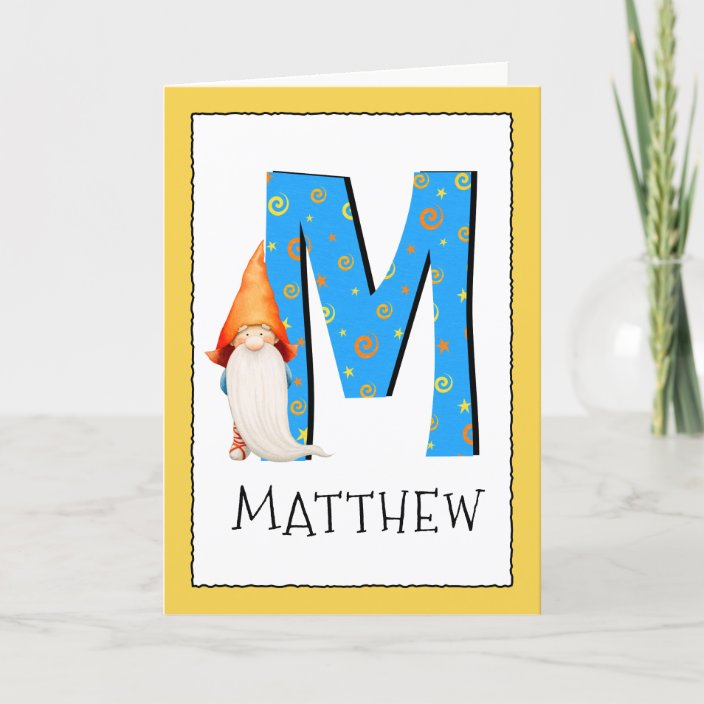 Gnome Kids Letter M Name and Age Birthday Greeting Card | Zazzle.com
