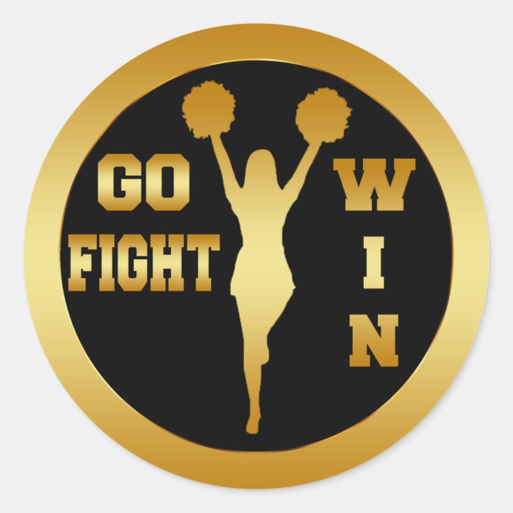 GO FIGHT WIN GOLD CHEERLEADER CLASSIC ROUND STICKER | Zazzle