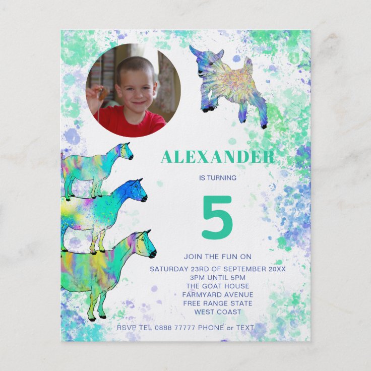 Goat 5th Birthday Photo Green Blue Budget Flyer | Zazzle