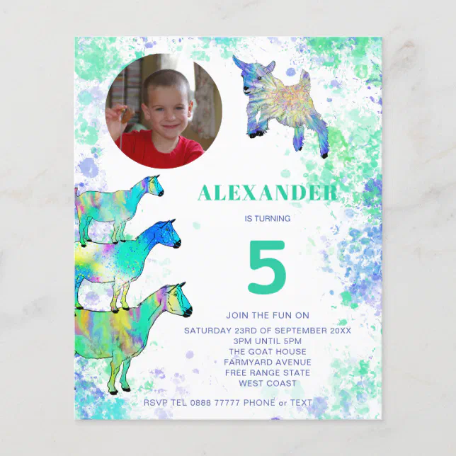 Goat 5th Birthday Photo Green Blue Budget Flyer | Zazzle