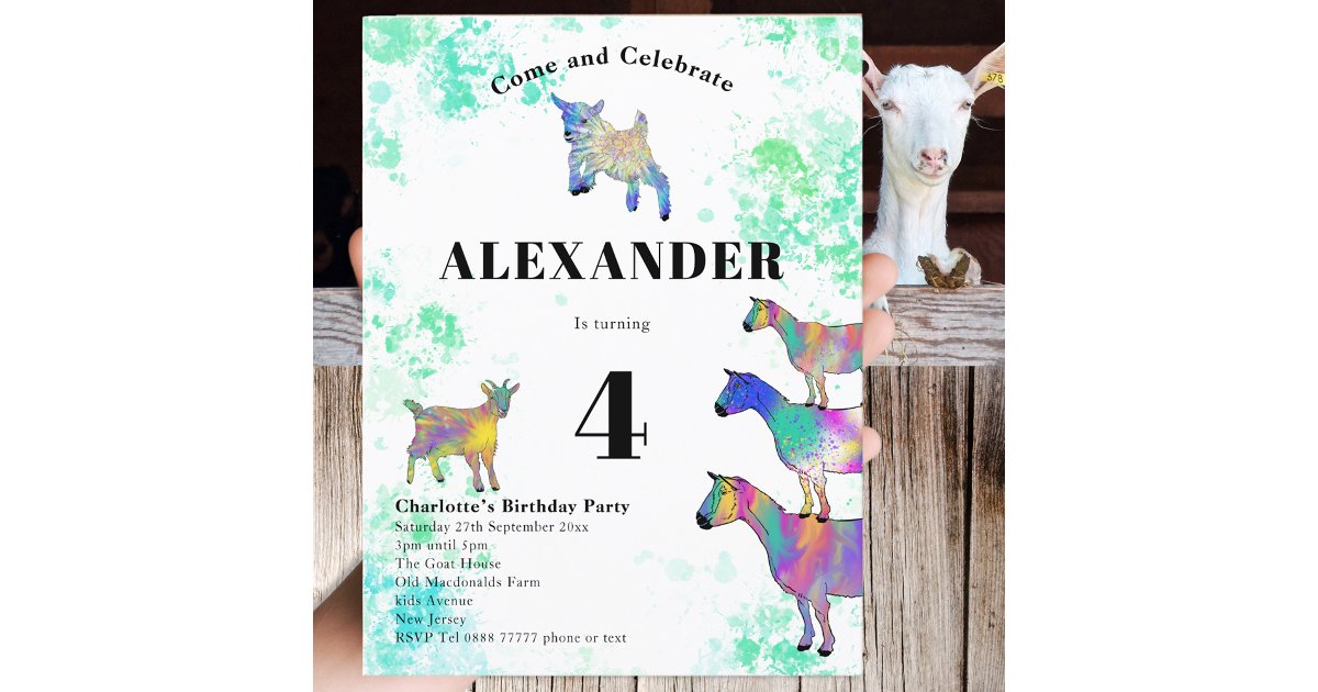 Goat Colorful Watercolor Birthday Party Invitation Postcard | Zazzle
