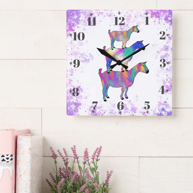 Goat colorful watercolor square wall clock | Zazzle