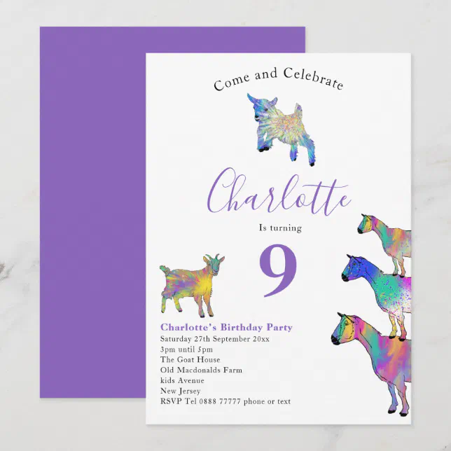Goat Themed Animal Lovers Birthday Party Purple Invitation | Zazzle