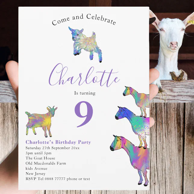 Goat Themed Animal Lovers Birthday Party Purple Invitation | Zazzle