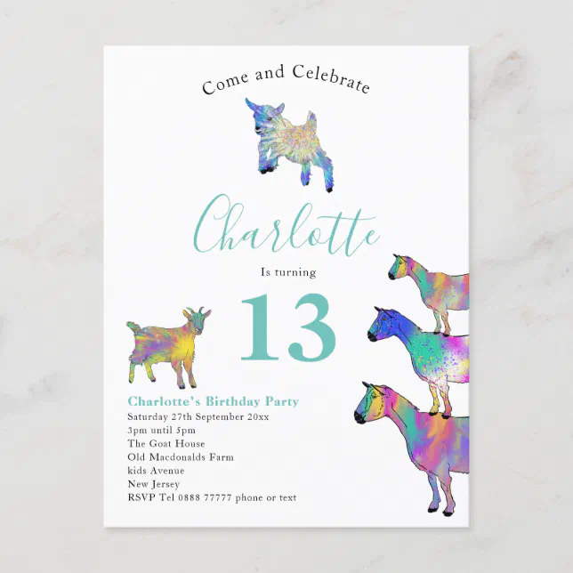 Goat Themed Birthday Party Teal Invitation Postcard | Zazzle