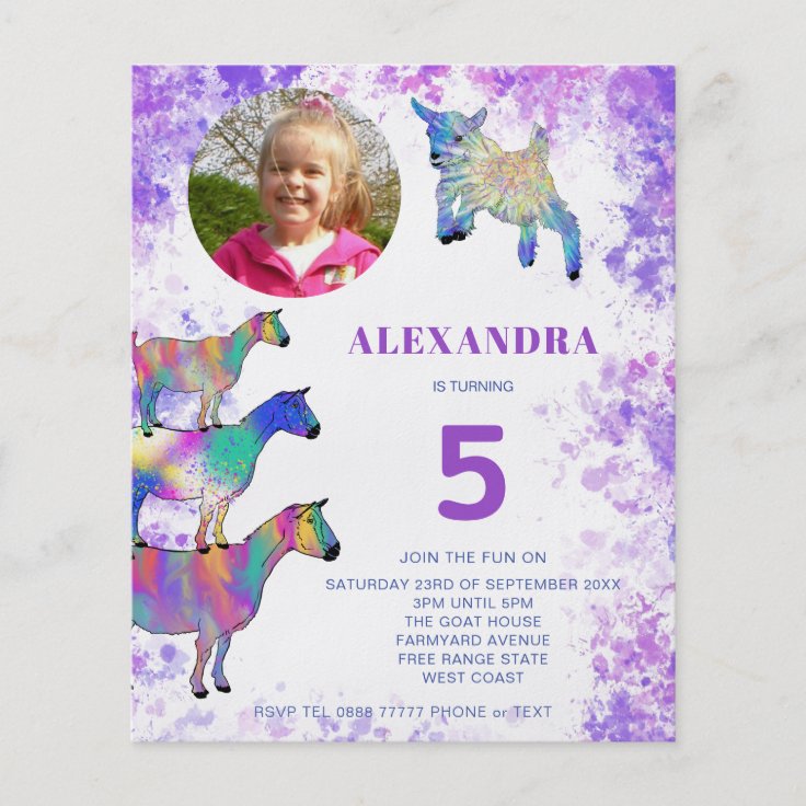 Goats 5th Birthday Photo Purple Budget invitation Flyer | Zazzle