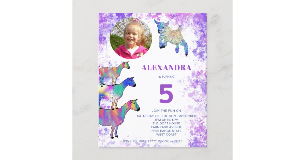 Goats 5th Birthday Photo Purple Budget invitation Flyer | Zazzle