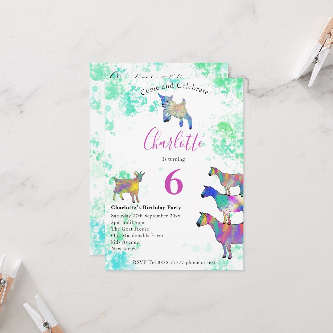Goats 6th Birthday party colorful Invitation | Zazzle