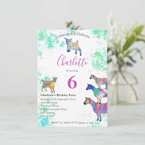 Goats 6th Birthday party colorful Invitation | Zazzle